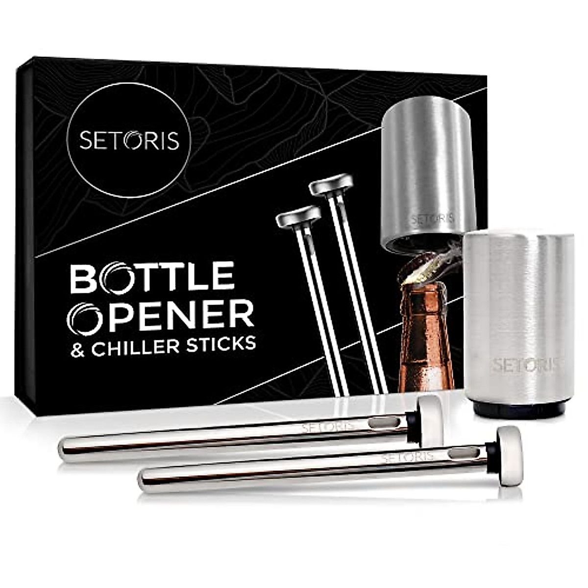 Magnetic Beer Opener & Beer Chiller Sticks for Bottles Set by Setoris- Stainless Steel Automatic Bottle Cap Opener and 2 Chilling Sticks for Cold Beer- Cool Beer Gadget & Accessory Gift Set for Men