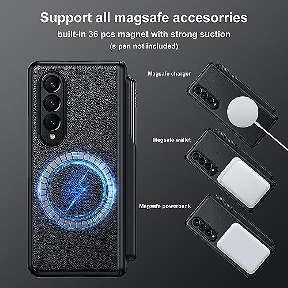 Libeagle Compatible with Samsung Galaxy Z Fold 4 Case, Support All Magsafe Accessories, Leather Back, Removable S Pen Holder on Hinge Protection, Screen Protector, Magnetic Cover 5G 2022 - Black