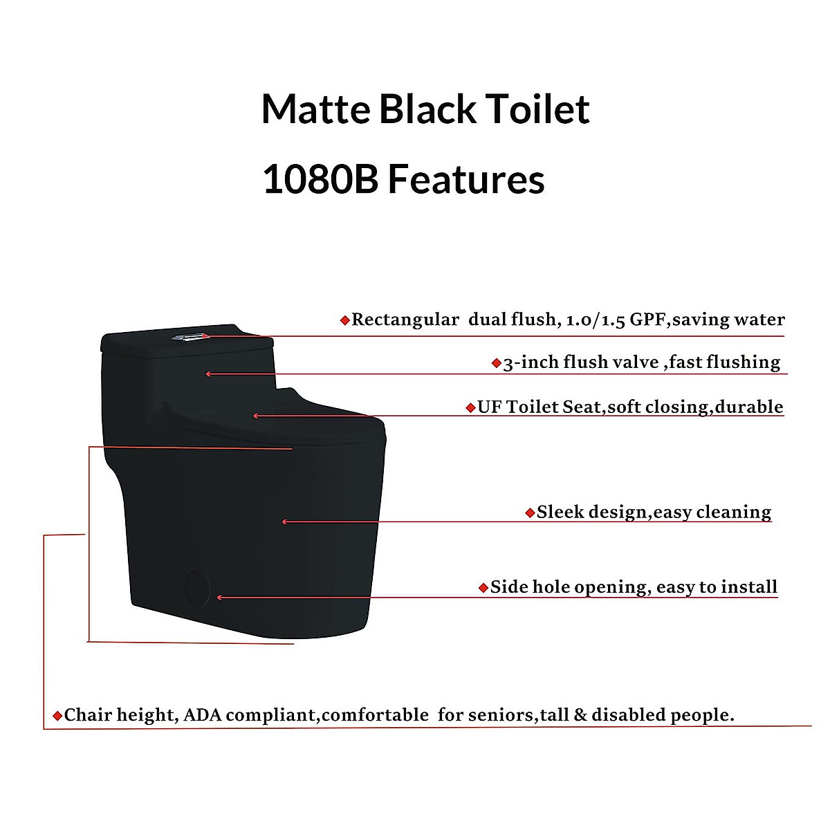 SouNor Matte Black One Piece Toilet Dual Flush 1/1.5 GPF Elongated U Shaped 17.3" Tall Bowl Comfortable For Seniors Elderly Modern 12" rough-in (SN1080B)
