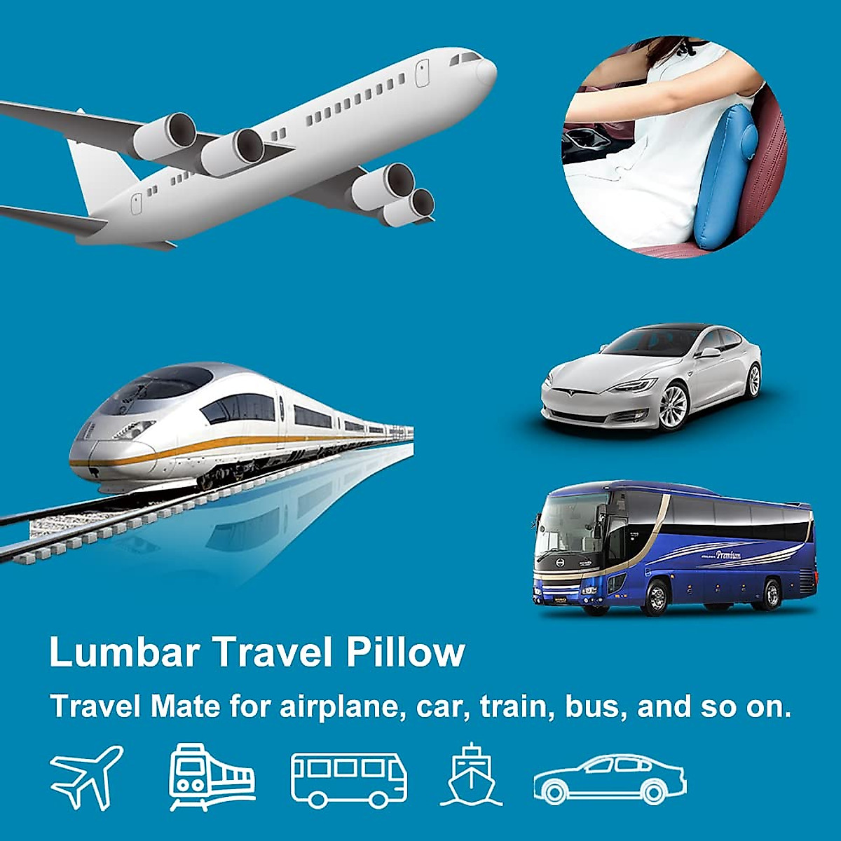FLMAIPU Inflatable Travel Pillow, Lumbar Support Air Pillow for Traveling Airplanes/Cars/Buses/Trains/Office (Blue Reef)
