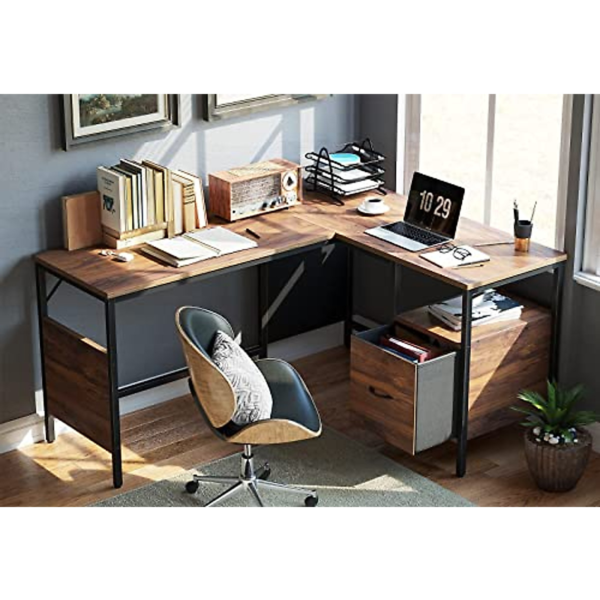 CubiCubi L Shaped Desk with Shelves, 59.1 Inch Corner Computer Desk, Home Office Gaming Writing Workstation with Large Non-Woven Drawer, Deep Brown