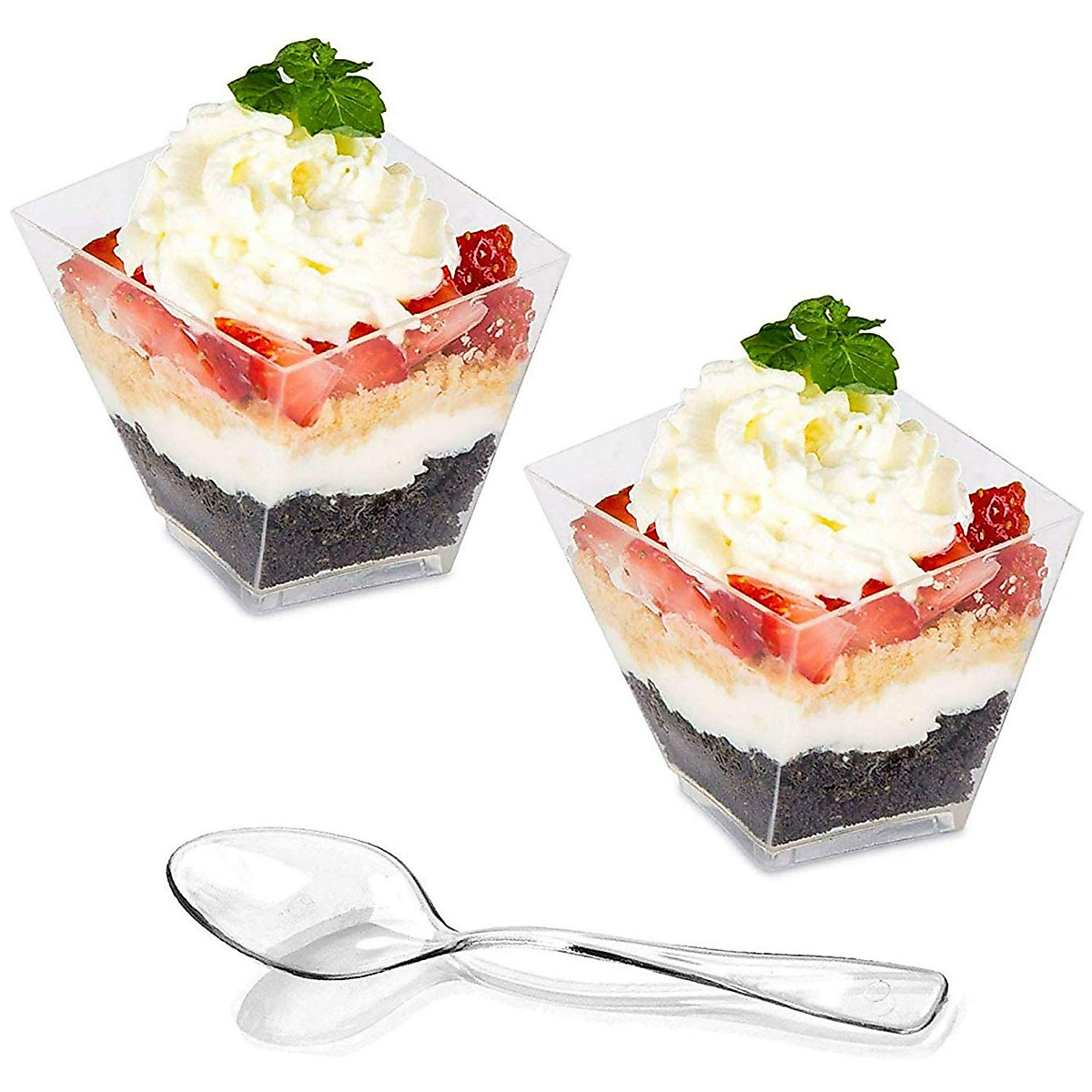 zappy 100 Ct Elegant Square Twist Mini Cube 2 oz with Clear Mini Spoons Clear Tasting Sample Shot Glasses 100 Ct Dessert Cups Disposable Plastic and 100 Mini Dessert Spoons