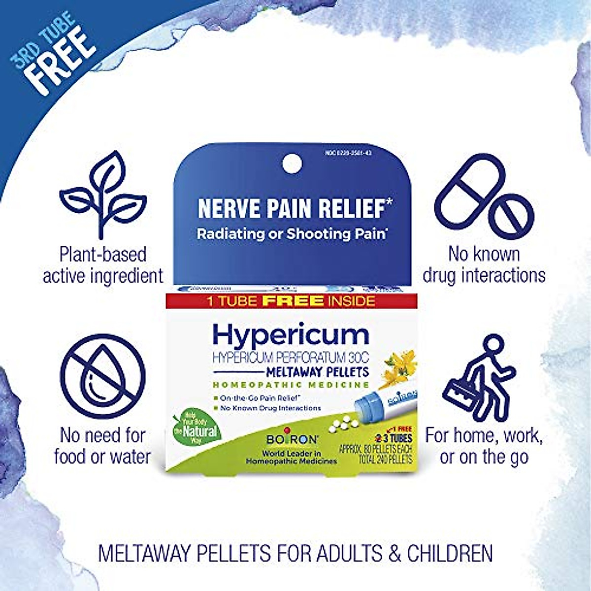 Boiron Hypericum Perforatum 30C Homeopathic Medicine for Relief from Nerve Pain, Toothaches, Pain in Legs or Back, and Shooting Pains - 3 Count (240 Pellets)