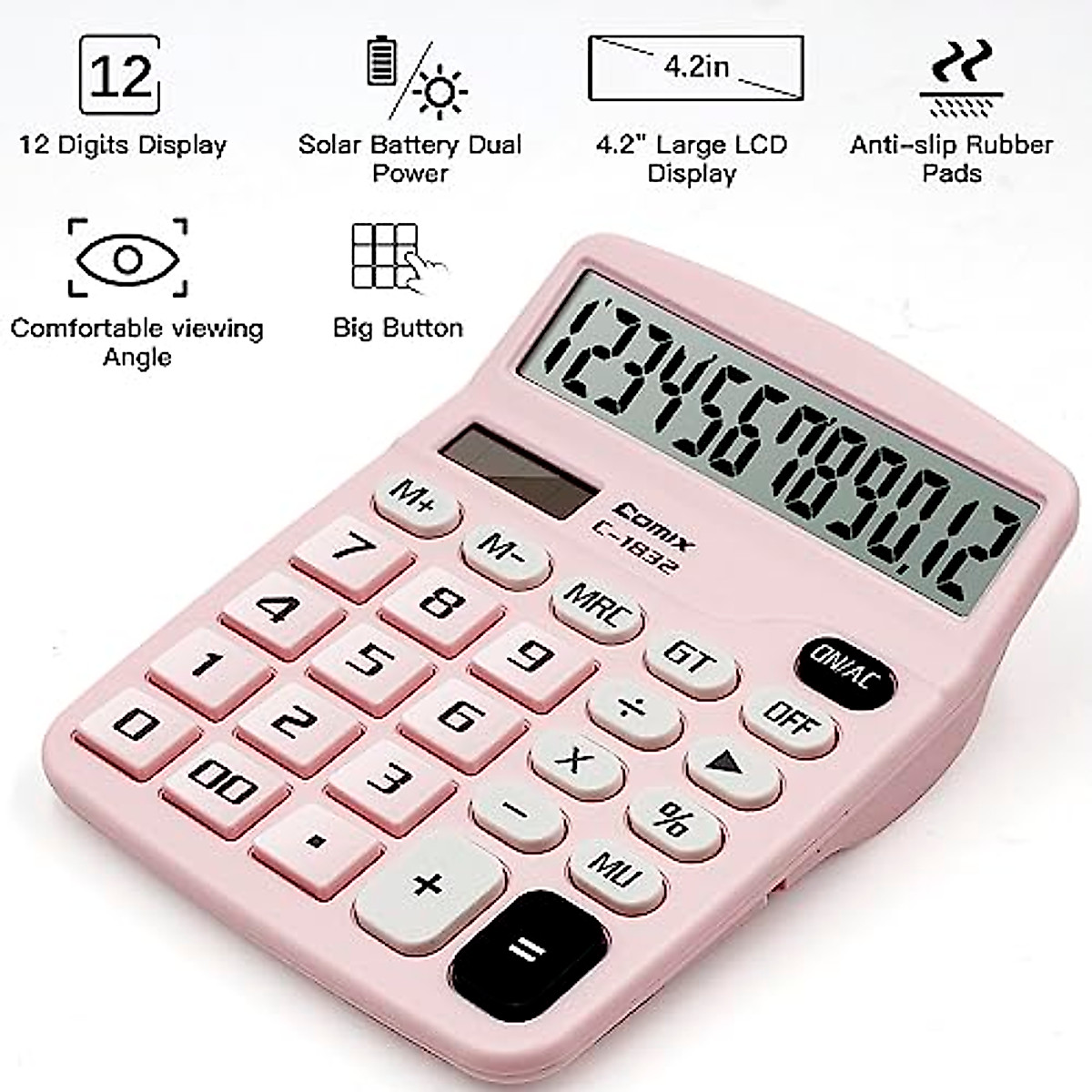 Comix Desktop Calculator 12 Digit with Large LCD Display and Big Button, 12 Digits Baisc Calculator, Solar Battery Dual Powered, for Office Home School C-1832(Pink)
