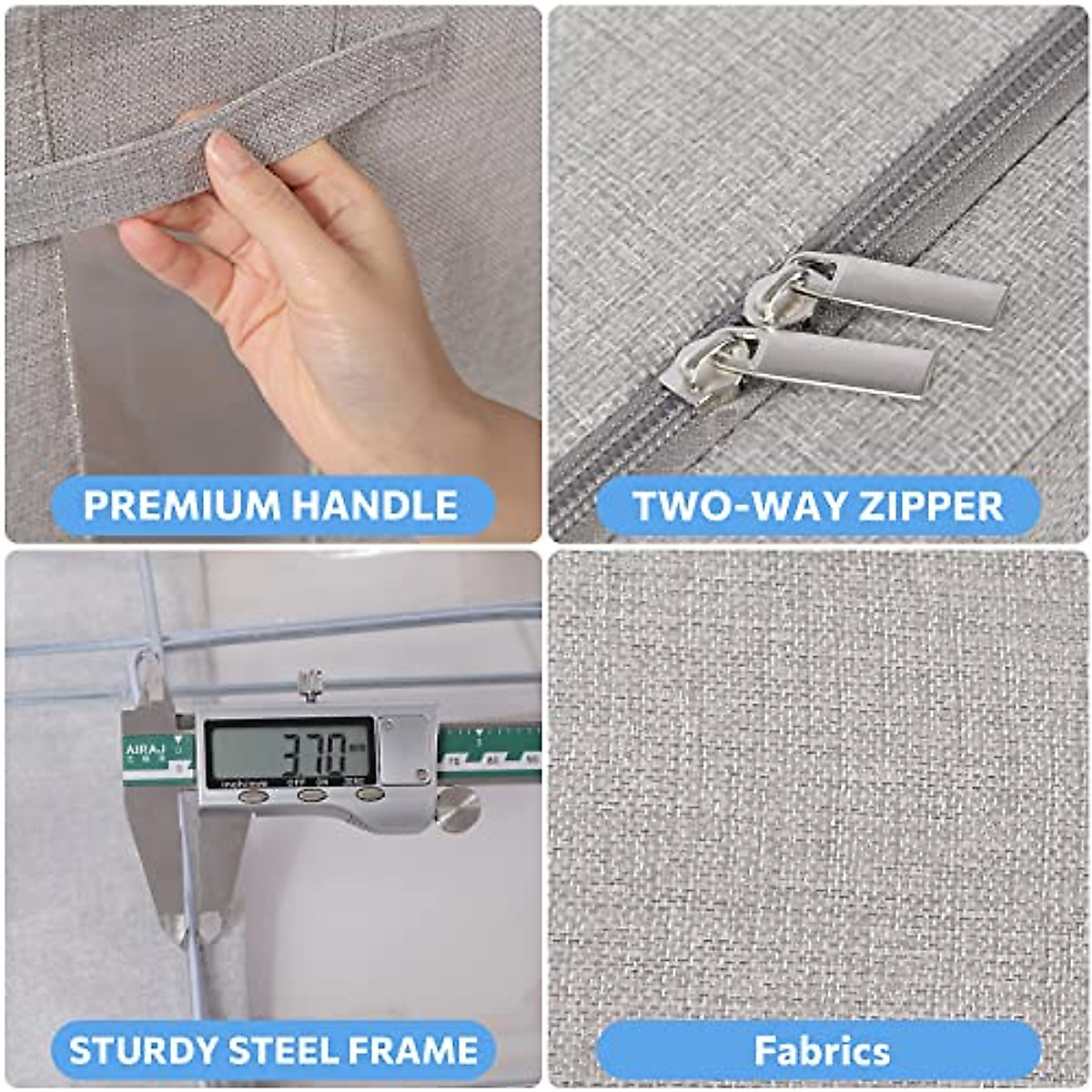 Clothes Storage Bins Box - Linen Fabric Foldable Stackable Container Organizer Set with Clear Window & Carry Handles & Metal Frame - 2Pack Large Capacity for Bedding, Blankets, Toys, Books (Light Grey, Medium-36L)