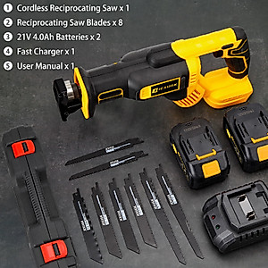 JEXUGK Reciprocating Saw Cordless, 21V 2 x 4.0Ah Battery Brushless Power Cordless Saw, 0-3500 SPM Variable Speed, 8 Saw Blades & Fast Charger Reciprocating Saws for Wood/Metal/PVC Cutting
