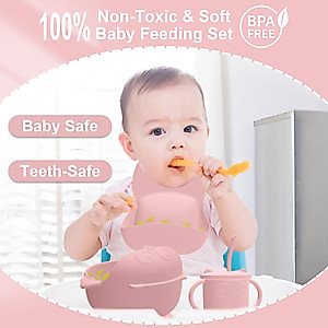 Baby Led Weaning Supplies, 10 Pack Silicone Baby Feeding Set - Baby Bowls and Plates with Suction, Toddler Spoons and Fork, Toddler Cups with Replaceable Lids (Pink)