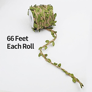Tenn Well Burlap Leaf Ribbon, 66 Feet 5mm Natural Jute Twine Ribbon with Artificial Leaves for Crafts, Wedding, Jungle Safari Party, Home Decorations