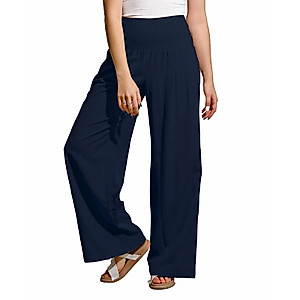 utcoco Womens Wide Leg Linen Palazzo Pants Casual Elastic Waisted Loose Fit Trousers (XXL, Navy Blue)