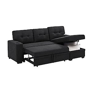 Trent Home Upholstery Polyester Blend Fabric Convertible Sectional Sleeper Sofa with Cup Holders in Black