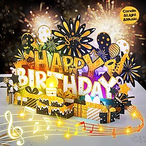 BYKOOO Birthday Card | Musical Pop Up Birthday Cards w Light | Blow Out LED Light Candle & Play Happy Birthday Music Pop Up Card | Greeting Cards Gifts for Him or Her | Black Gold (Blowable Candle)