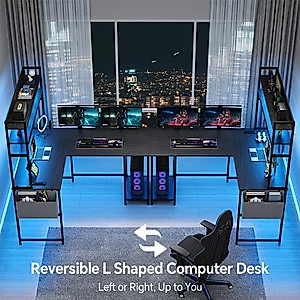 FEMOND L Shaped Gaming Desk with LED Lights & Power Outlets Computer Desk with Hutch Office Desk with Storage Shelf, Headphone Hook,Cup Holder