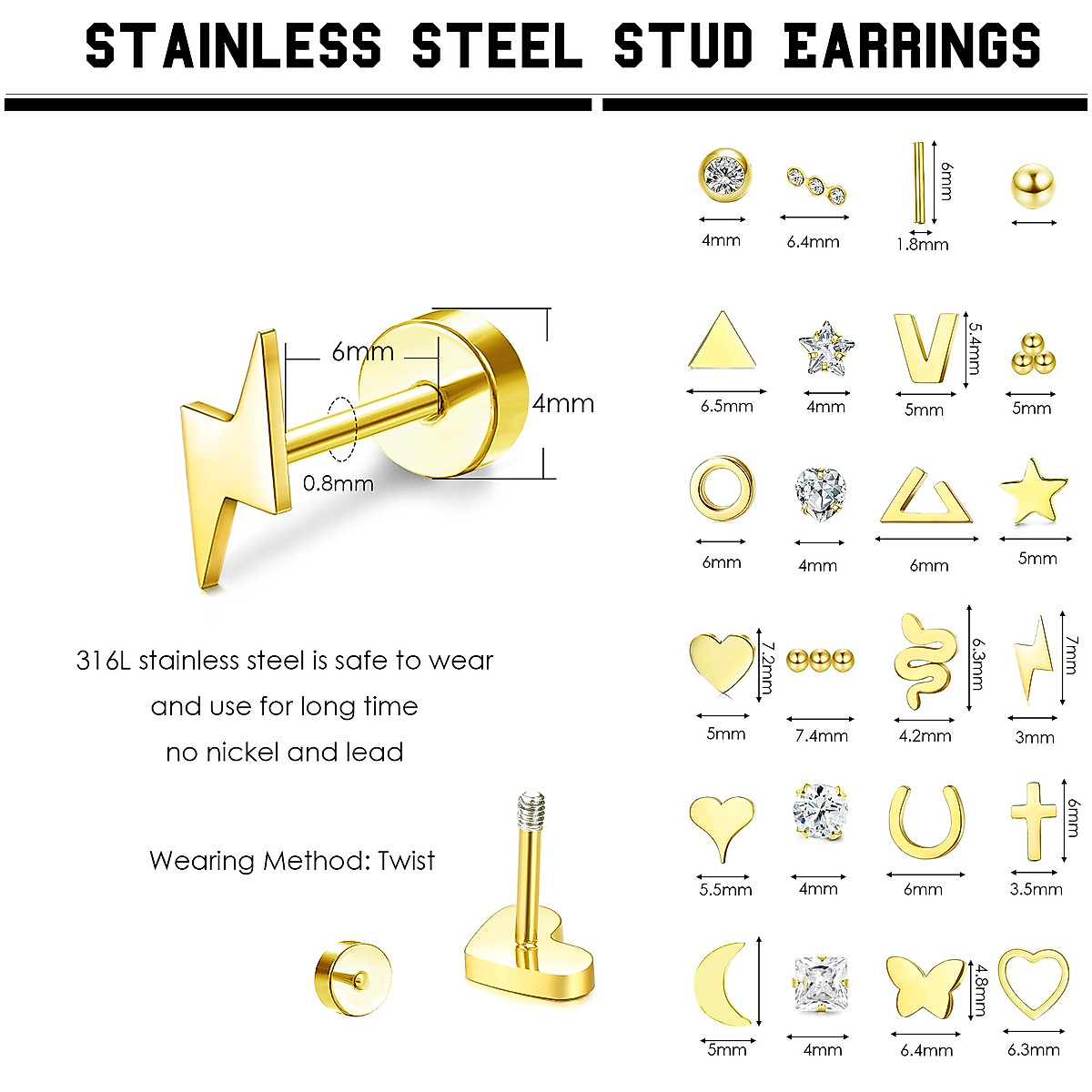 Sanfenly 24 Pairs Stud Earrings for Women Men 20G Stainless Steel Tiny Silver Gold Rose Gold Black Cartlidge Earrings Stud Small Snake Star Moon Ball Butterfly Triangle Heart Square Round CZ Screw