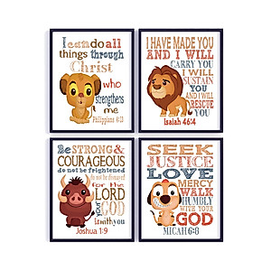 Lion King Christian Nursery Set of 4 Unframed Prints - Mufasa, Pumba, Simba and Timon with Bible Verses