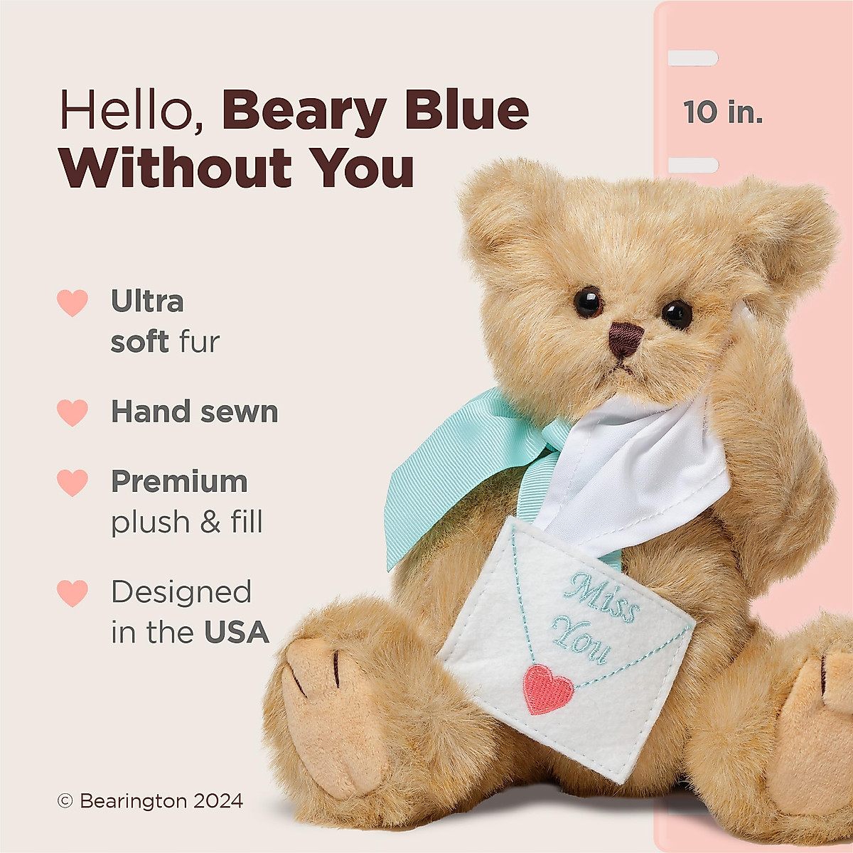 Bearington Beary Blue Without You Miss You, 10 Inch Teddy Bear Valentine's Day Stuffed Animal, Ideal for Miss You Gifts for Women
