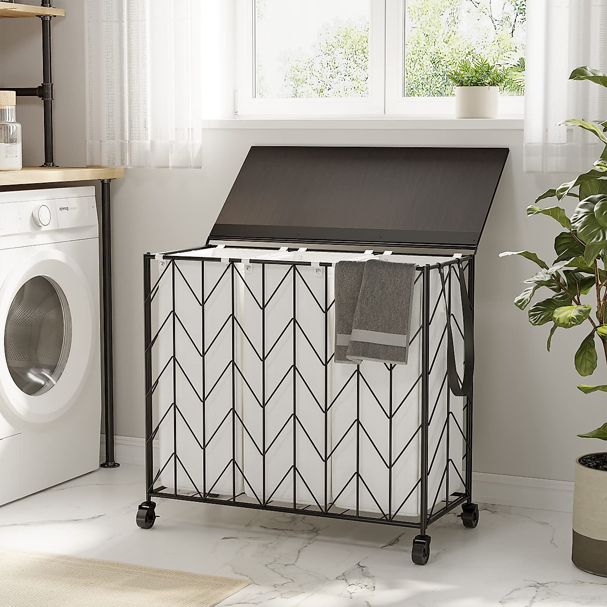 WOWLIVE Laundry Basket with Wheels, 142L Laundry Hamper 3 Section with Lid, Dirty Clothes Hamper with Removable Bags, Large Capacity Iron-Made Laundry Basket Organizer Laundry Sorter for Dorm, Beige