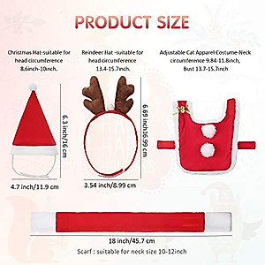 Syhood 4 Pieces Cat Christmas Costume Outfit Adjustable Cat Apparel Costume Cat Santa Christmas Hat and Scarf Cat Reindeer Antler Hat for Christmas Party Cosplay
