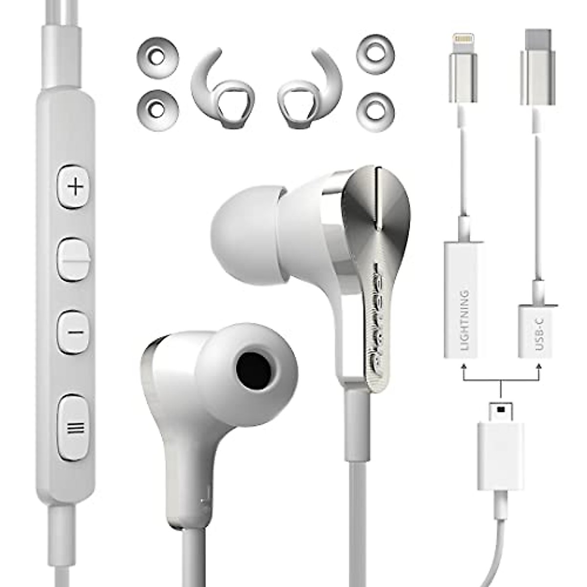 RAYZ Pioneer Pro Lightning & USB-C Earphones/Smart Wired, Active Noise Cancelling Earbuds Microphone Volume Control | for Apple iPhone Mac iPad, Android, Nintendo Switch, Google Pixel - Ice