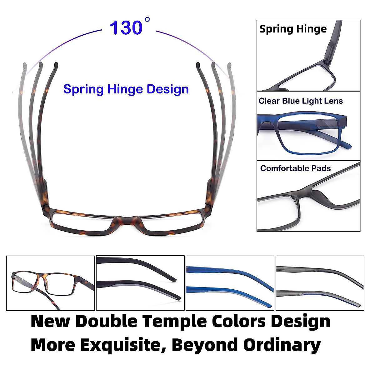 Colloddiss 4-Pack Reading Glasses for Men Women, Spring Hinge Readers Glasses, Blue Light Blocking Eyeglasses SR20523, Black Blue Gray BrownTortoise 2.0 x