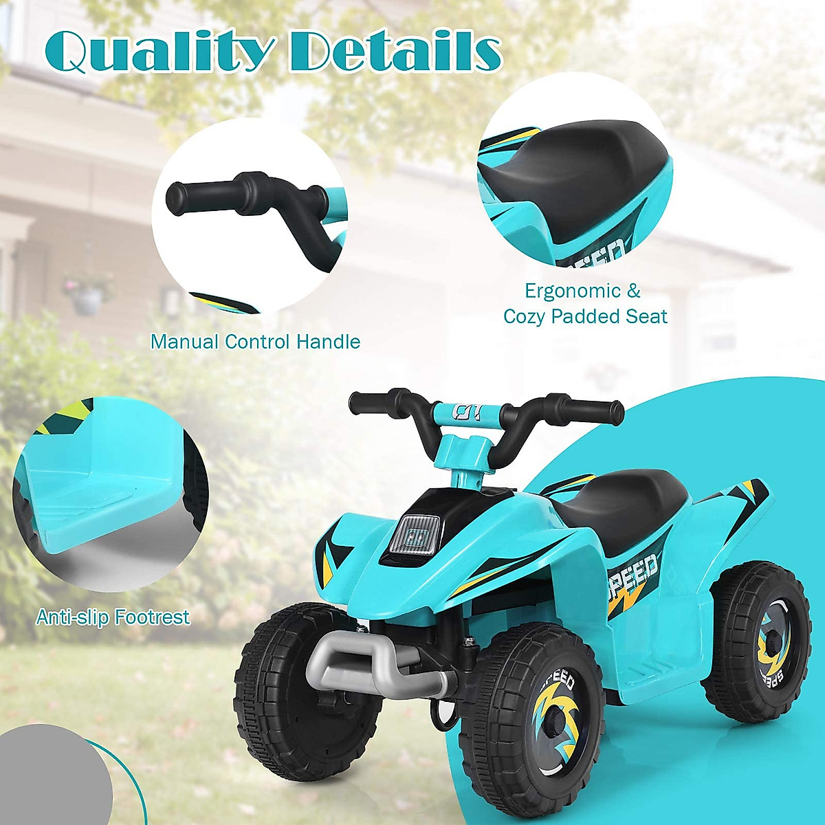 OLAKIDS Kids Ride On ATV, 6V Motorized Quad Toy Car for Toddlers, 4 Wheeler Battery Powered Electric Vehicle for Boys Girls with Forward/Reverse Switch, Anti-Slip Wheels (Aqua)
