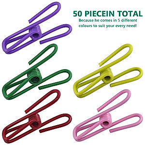 50 Packs Steel Wire Clips Vinyl Plastic Coated Multi-Function Colored Utility Clothesline Clip for Laundry Hanging, Kitchen Bag Sealing, Multi-Purpose Clothespins