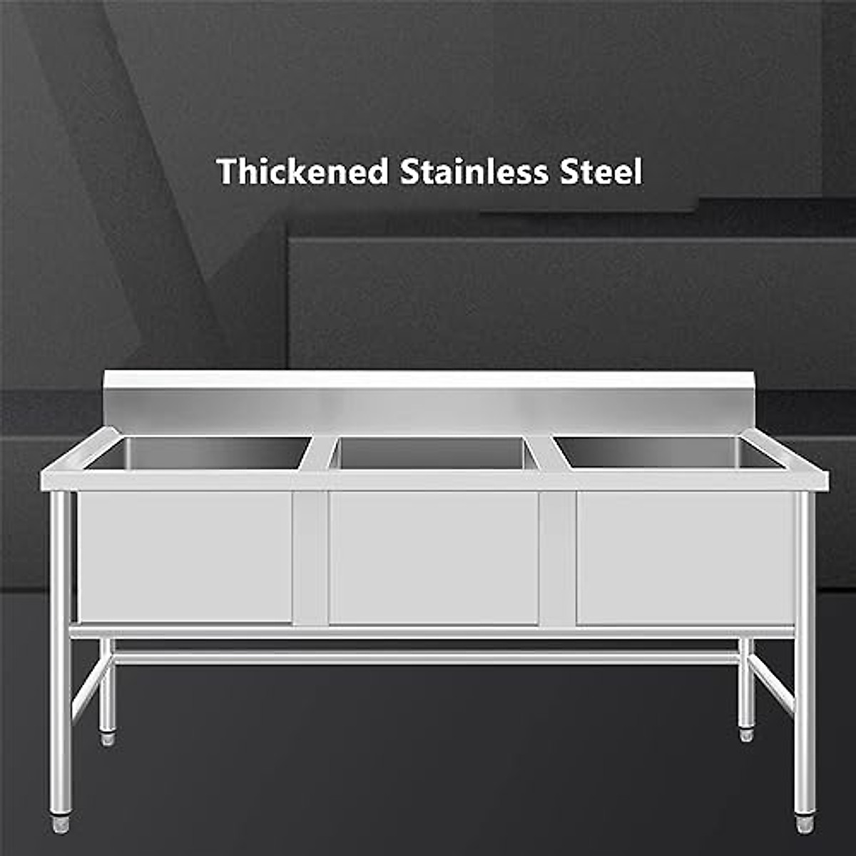 Free Standing Stainless-Steel Three Bowl Kitchen Sink,3 Compartment Restaurant Kitchen Prep & Utility Sink,Free Standing Utility Sink For Garage,Restaurant,Kitchen,Laundry Room(145cm/57in)