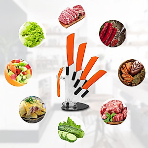 5-Pieces Ceramic Knife Set,Sharp Ceramic Knife with Block Stand,Steak Knife,Orange Kitchen Knives With Anti-Slip handle,Includes 6"Chef Knife,5"Utility Knife,4"Vegetable Knife,3"Bread Knife,1''Peeler