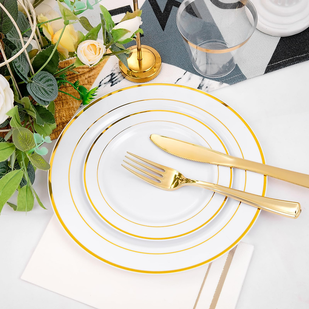 GATHER 350pcs Gold Plastic Plates - Disposable Plastic Dinnerware Set Include 50 Gold Dinner Plates, 50 Gold Salad Plates, 150 Silverware, 50 Napkins, 50 Cups Perfect for Party & Wedding