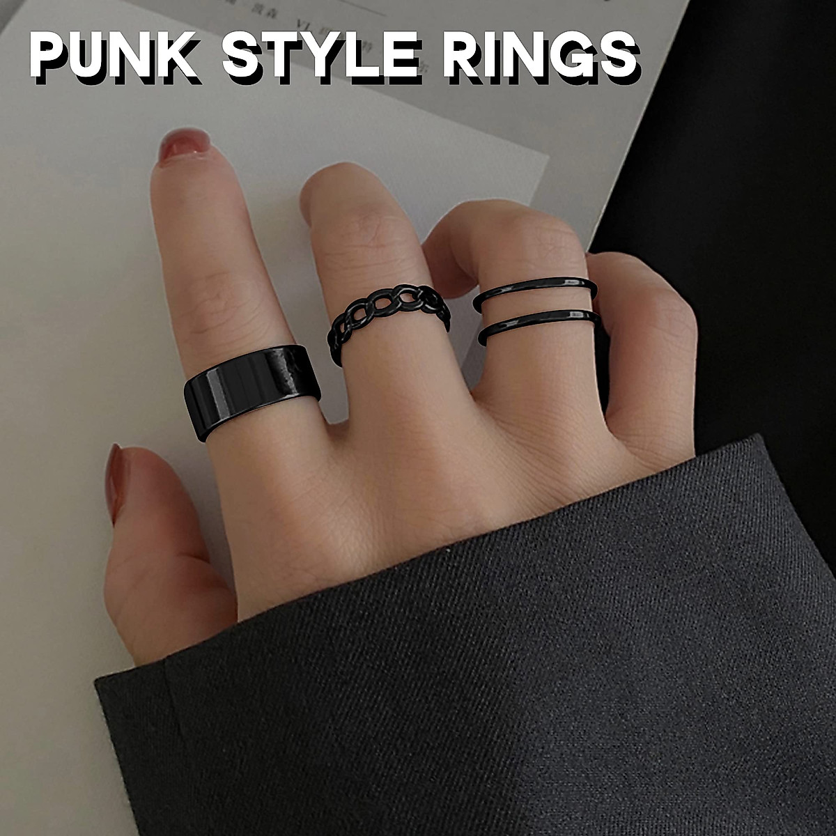 FIBO STEEL 18PCS Gothic Punk Chain Finger Rings for Women Men Y2K Black Stackable Rings Snake Chain Rings Open Adjustable Knuckle Emo Rings Punk Gothic Jewelry