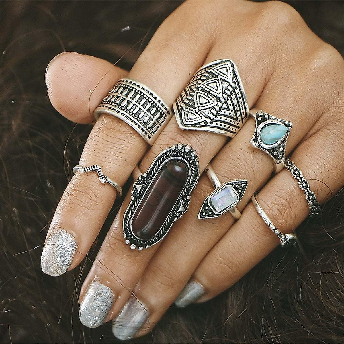Campsis 8PCS Knuckle Ring Sets Turquoise Boho Rings Vintage Flower Mid Finger Ring for Women and Girls