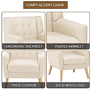 RichFire Mid-Century Modern Accent Chair, Tufted Wingback Reading Chair with Lumbar Pillow and Solid Wood Legs, Linen Fabric Living Room Chair for Living Room Bedroom Apartment, Beige