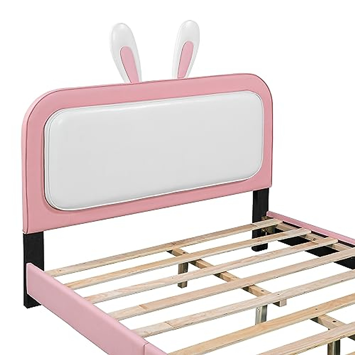 YSWH Full Size Upholstered Rabbit Shaped Princess Bed, Wood Platform Bed Frame with Bunny Ears Headboard and Bunny Tail Footboard, Kids Bedroom Furniture Fun Cute Rabbit Bed Pink Bed