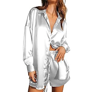 Ekouaer Womens 2 Piece Satin Pajama Set Long Sleeve PJs Sets Button Down Lounge Ssts Soft Sleepwear Set White M