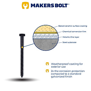 Rustic Square Lag Screws, Ruspert Weatherproof Coating, Black Exterior Lag Bolts, 5/16 x 3 1/2-Inch, (Pack of 25)