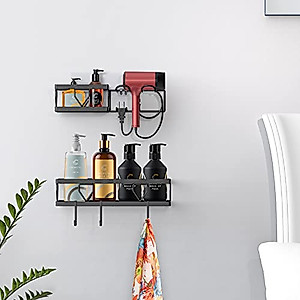Nokgnoa Shower Caddy Organizer, No Drilling Rustproof Traceless Adhesive Shower Rack, 2 Pack Wall Mounted Shower Shelf with Hooks Hair Dryer Organizer for Bathroom Bedroom (Black)