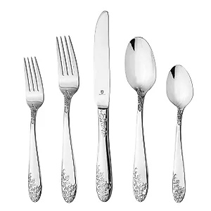 DANIALLI Modern Silverware Set - 18/10 Stainless Steel Flatware Set for Elegant Dining - Dishwasher Safe Cutlery Set (Imperial 60-Piece, Floral)