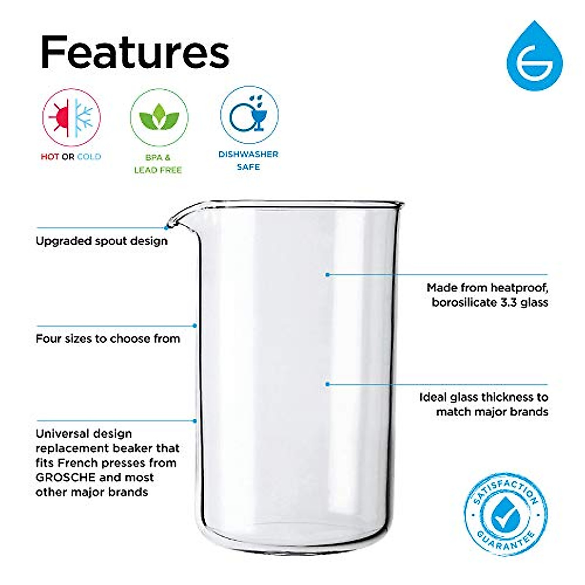 GROSCHE Standard Universal design French Press Replacement Glass Beaker French Press Coffee makers (1000 ml / 34 oz / 8 demitasse cup carafe) Fits Most Brands