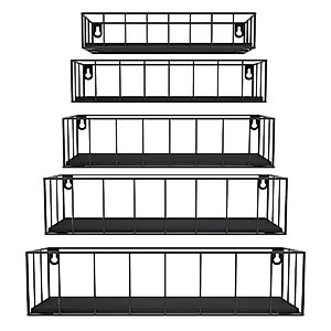 CRUGLA Black Floating Shelves Wall Mounted Set of 5, Hanging Wall Shelf with Rail for Bathroom, Bedroom, Living Room, Kitchen