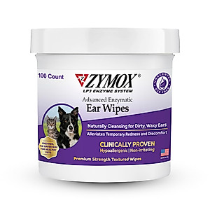 Zymox Advanced Enzymatic Ear Wipes for Dogs and Cats - for Dirty, Waxy, Smelly Ears - Premium Strength Ear Cleaner Wipes - Non-Irritating - Hypoallergenic - 100 ct