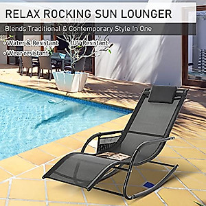 Outsunny Outdoor Rocking Chair with Breathable Mesh Fabric, Patio Porch Chair with Side Pocket, Sun Lounge Chair with Detachable Pillow for Deck, Garden, or Pool, Black