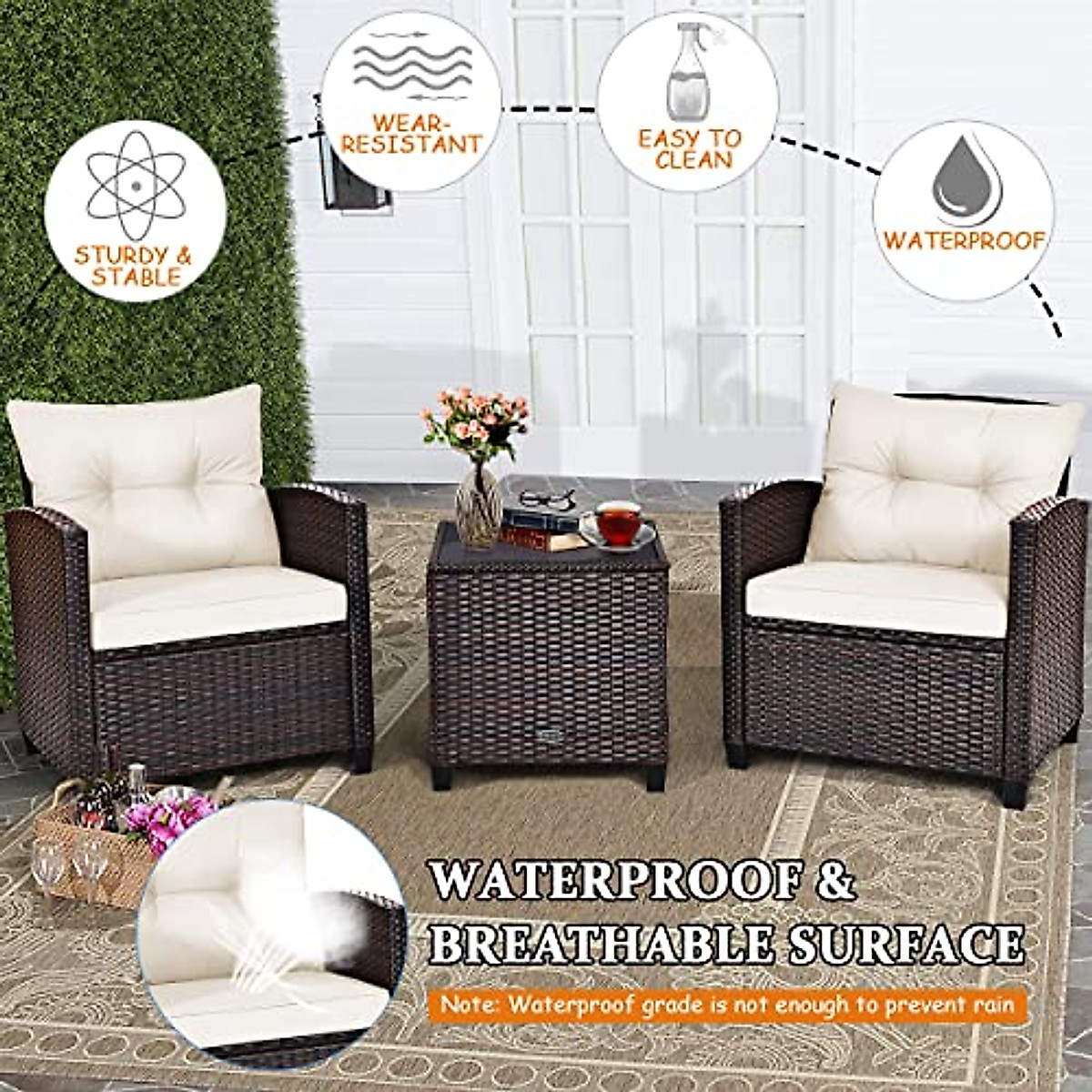 HAPPYGRILL 3 Pieces Patio Conversation Set Outdoor Rattan Wicker Bistro Sofa Set Patio Furniture Set with Washable Chair Cushions and Tempered Glass Top Coffee Table, White