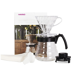 Hario Pour Over Coffee Starter Set Craft Coffee Maker Dripper, Glass Server, Scoop and Filters Size 02, Black