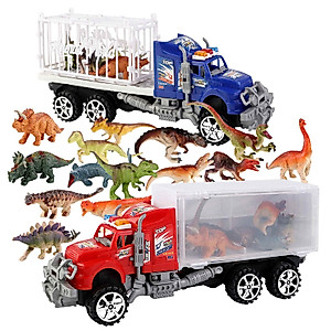 SmartYeen 2-Pack Dinosaur Truck Carriers with 14pcs Dinosaur Toys and Play Mat,Dinosaurs car playset Toys for 3-12 Years Old Boys Girls Kids