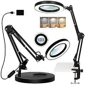 KMDES Magnifying Glass with Light and Stand, 10X Real Glass LED Magnifying Lamp, 3 Color Modes 10 Level Dimmable Lighted Magnifying Glass, 2-in-1 Magnifier Desk Lamp & Clamp for Reading Crafts Repair