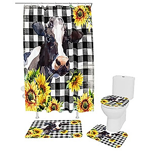 Fangship 4 Piece Shower Curtain Sets Farm Cow and Sunflower Black and White Buffalo Plaid Include Non-Slip Rug,Toilet Lid Cover,Bath Mat and Hooks Durable Waterproof Shower Curtain Set for Bathroom
