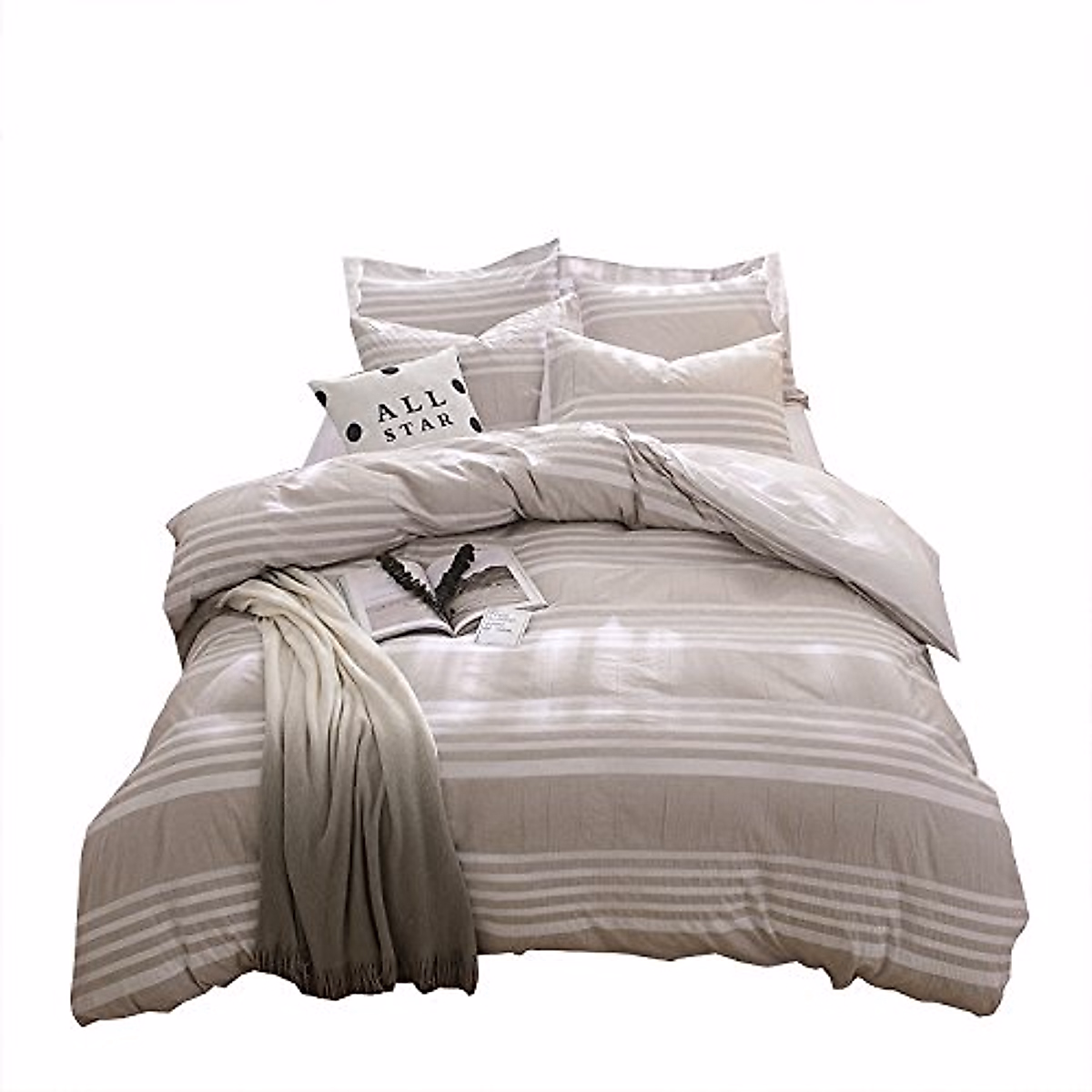 Merryfeel Cotton Duvet Cover Set,100% Cotton Seersucker Weave Duvet Cover Set,Yarn Dyed Textured Stripe Bedding Set,3 Pieces- Full/Queen Khaki