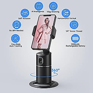Auto Face Tracking Tripod, No App Required, 360° Rotation Face Body Phone Camera Mount Smart Shooting Phone Tracking Holder for Live Vlog Streaming Video, Rechargeable Battery-Black