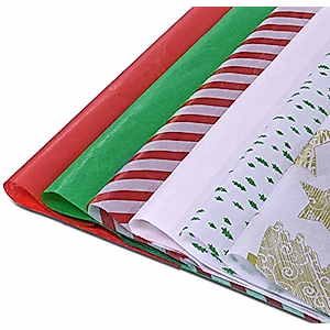 KLATIE Christmas Tissue Paper, Assorted Design Gift Wrapping Paper 120 Sheets, 20” X 14”, including Red, Green, White, Christmas Trees, Stripe Design, Tissue Paper for Gift Bags, Christmas Wrapping.