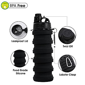 MAKERSLAND Collapsible Water Bottle for Adults, Boys, Students, Kids, Reusable Silicone Foldable Water Bottles for Travel Camping Hiking, Portable Sports Water Bottle, Black