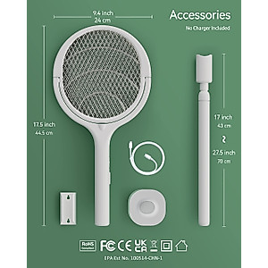 Rotating Head Rechargeable Electric Fly Swatter Racket Bug Zapper Racket Mosquito Zapper Indoor Bug Zapper Fruit Fly Zapper Spider Killer Gnat Trap Wasp Catcher, with a Telescopic Extension Wand